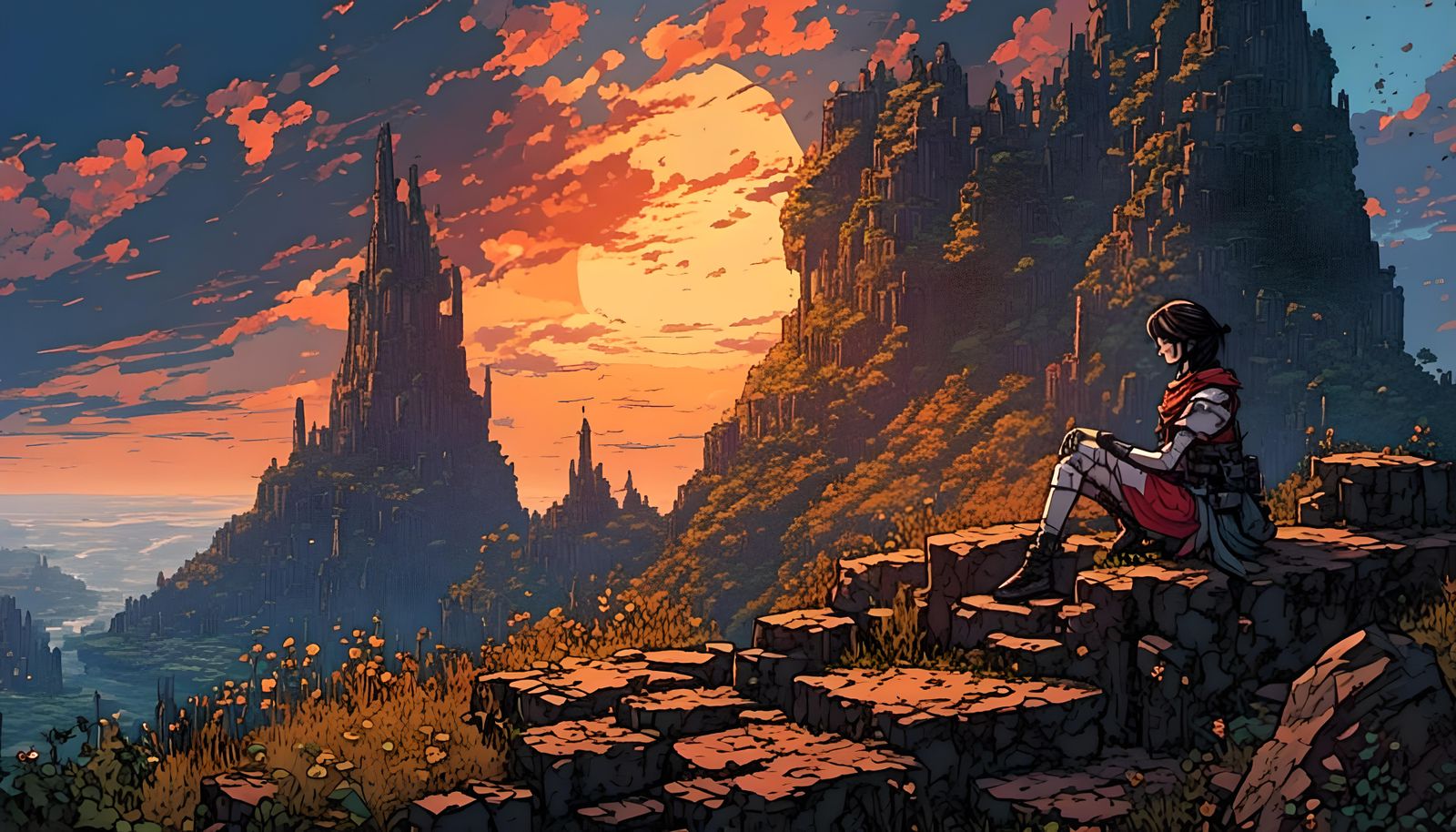 A woman sits on a cliff overlooking an ancient ruined city. Futuristic ...