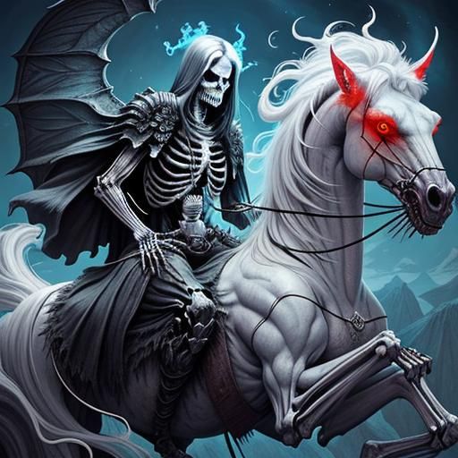 Skeleton wraith riding on the back of a white ghost horse with red ...