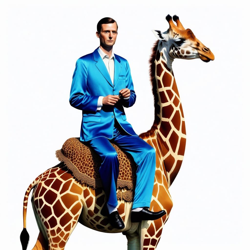 Man in Blue Pajamas Rides Giraffe in Whimsical Sur... - AI Art