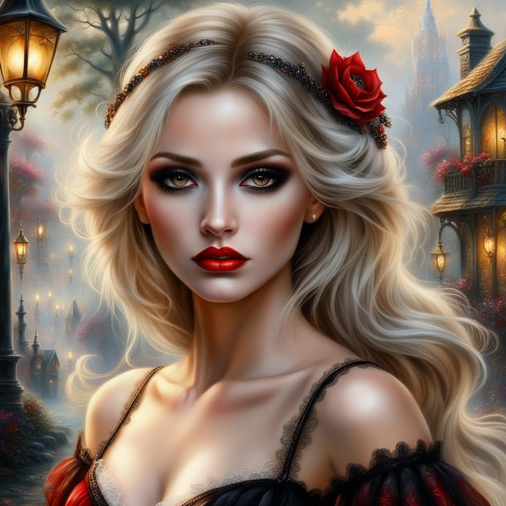Blonde Hair Brown Eyes Red Lips Beautiful Girl With Black Eye Make Up