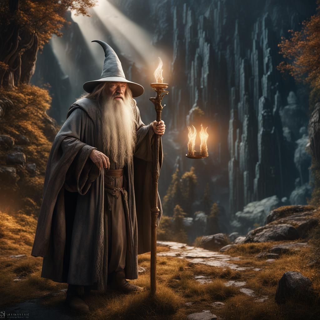 Illuminate the ethereal presence of Gandalf, the wise wizard, conjuring ...