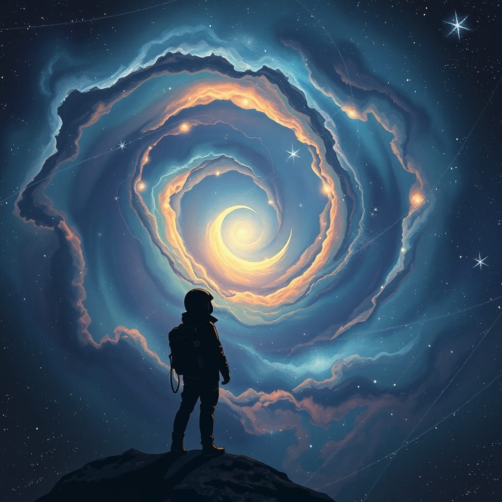 A cosmic explorer gazing at a swirling nebula, pondering the mysteries ...