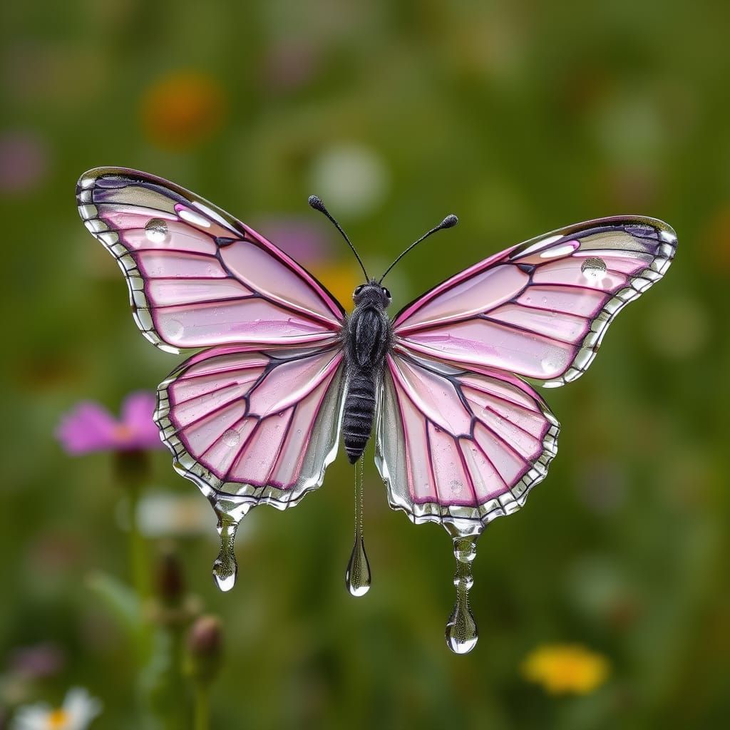 Dripping Butterfly made of water. Meadow in background. Hyperdetailed
