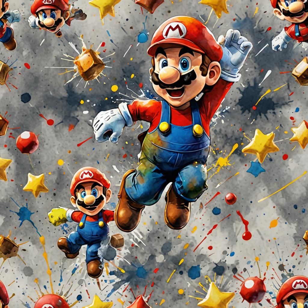A visually striking watercolor splash art featuring Mario, the iconic ...