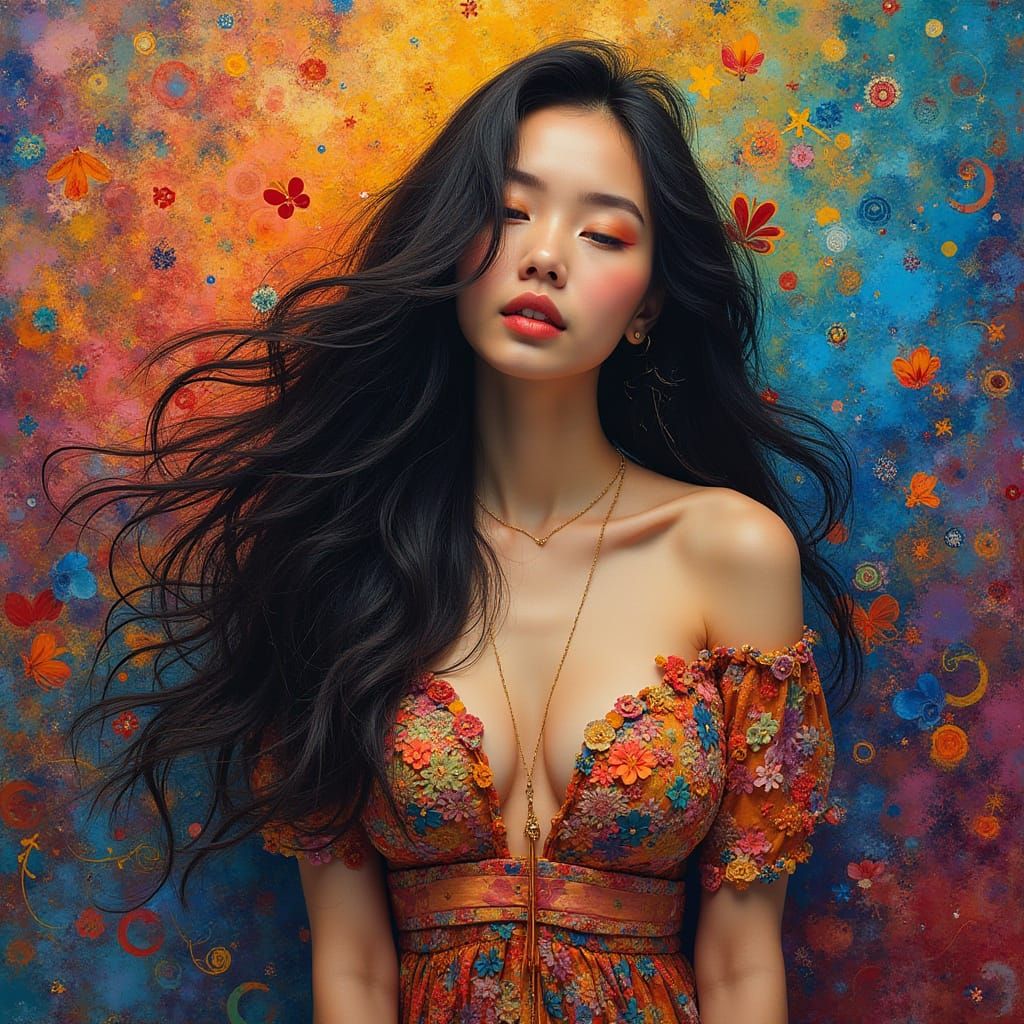 Surreal Woman in Vibrant Dreamlike Landscape - AI Art