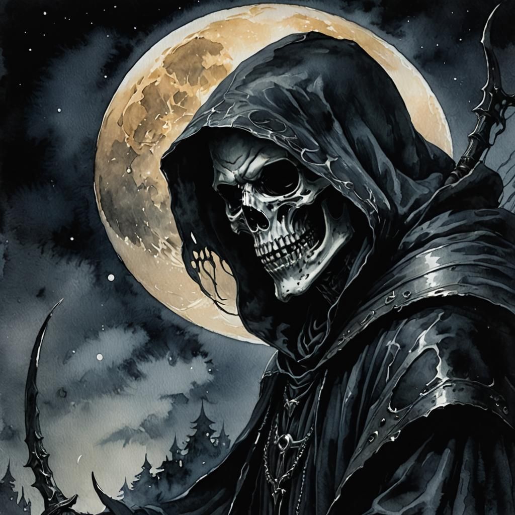 a dark and moody watercolor painting of a reaper close up glowing moon ...