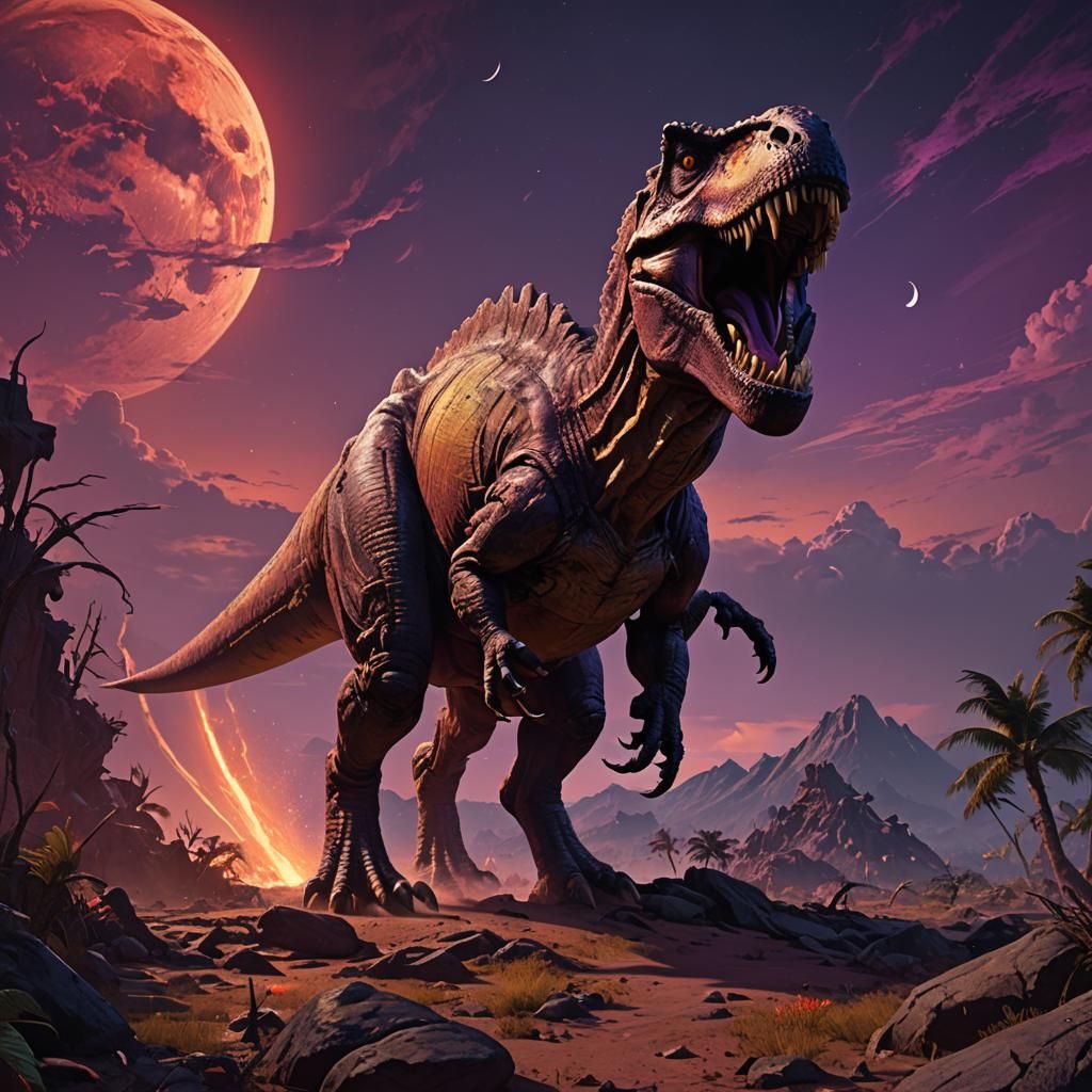 red sky on Horizon equator moon raging T-Rex - AI Generated Artwork ...