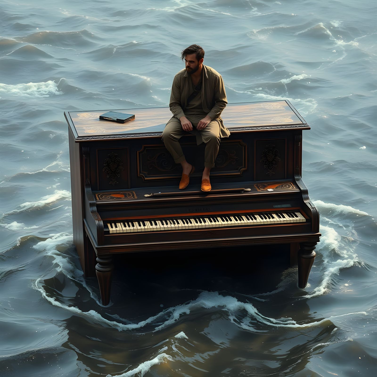 The music floods he's soul . - Floating Piano in Floodwater...