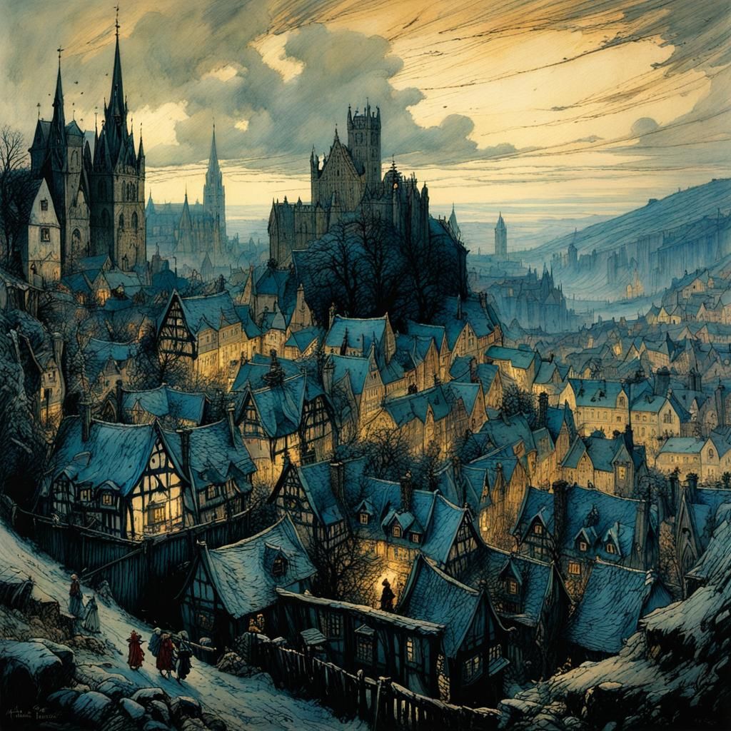 Whimsical Medieval Townscape in Deep, Mysterious C... - AI Art