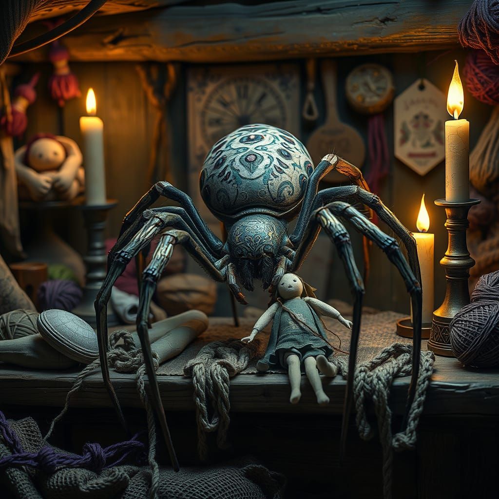 Surrealist Spider Weaver Crafts Fabric Doll in Can... - AI Art