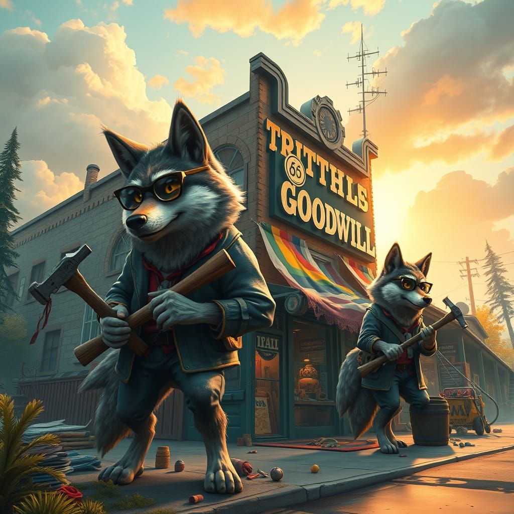 Anthropomorphic Wolves Build Whimsical Thrift Stor... - AI Art
