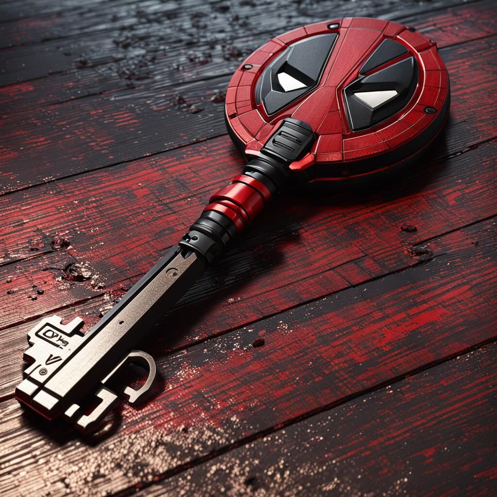 close and side view of Deadpool's key, predominant colors red and black ...
