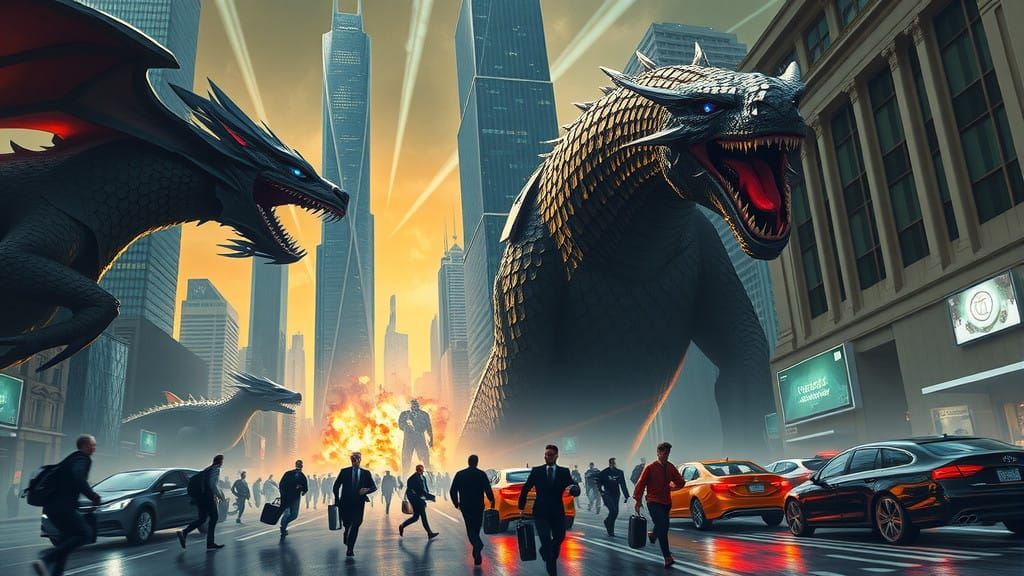 Mythical Creatures approaching the City, people fleeing in panic