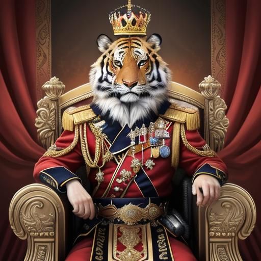 Siberian Tiger King wearing military uniform sitting on throne - AI ...