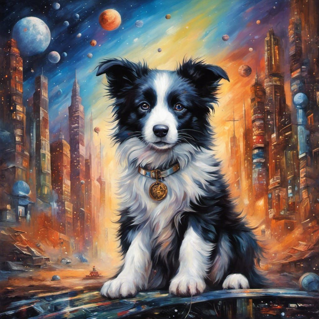 Cute Border Collie puppy - atompunk city (deep space sky) - AI ...
