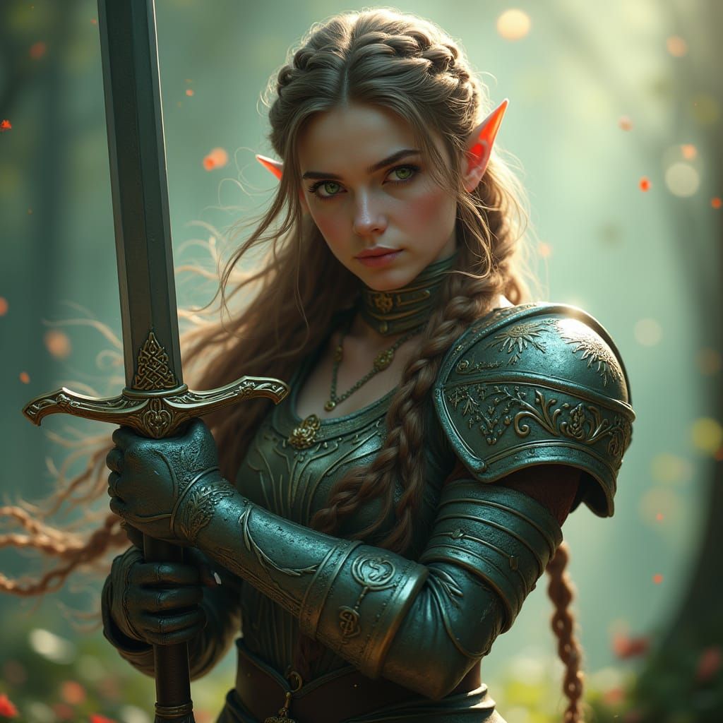 Ethereal Elven Warrior in Celtic-Inspired Armor - AI Art