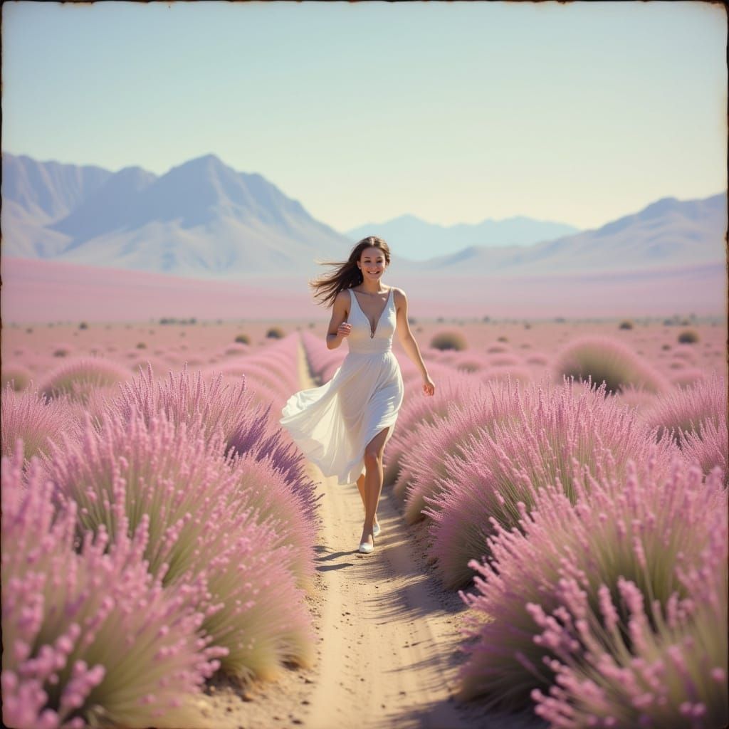 A beautiful woman running towards camera through a pastel coloured ...