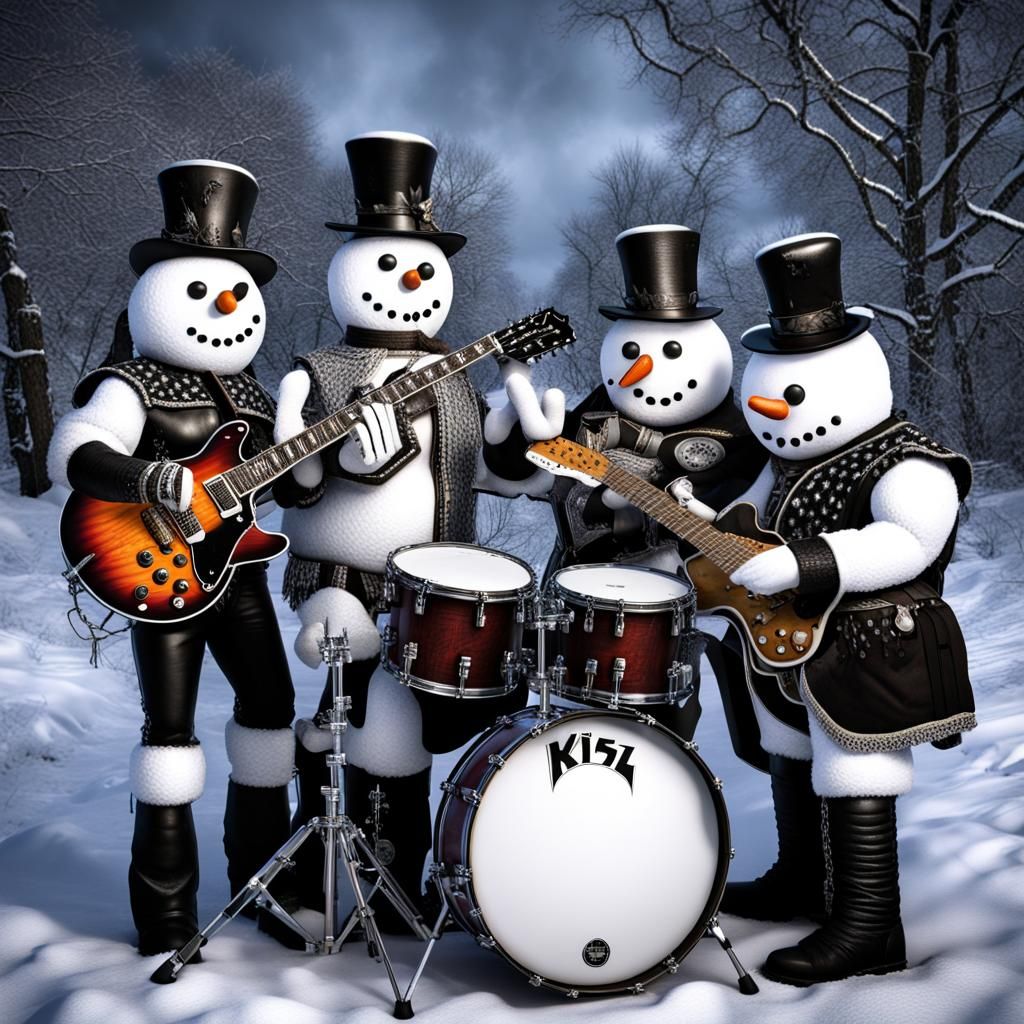 The band Kiss as Snowmen playing drums and an old Jackson electric ...