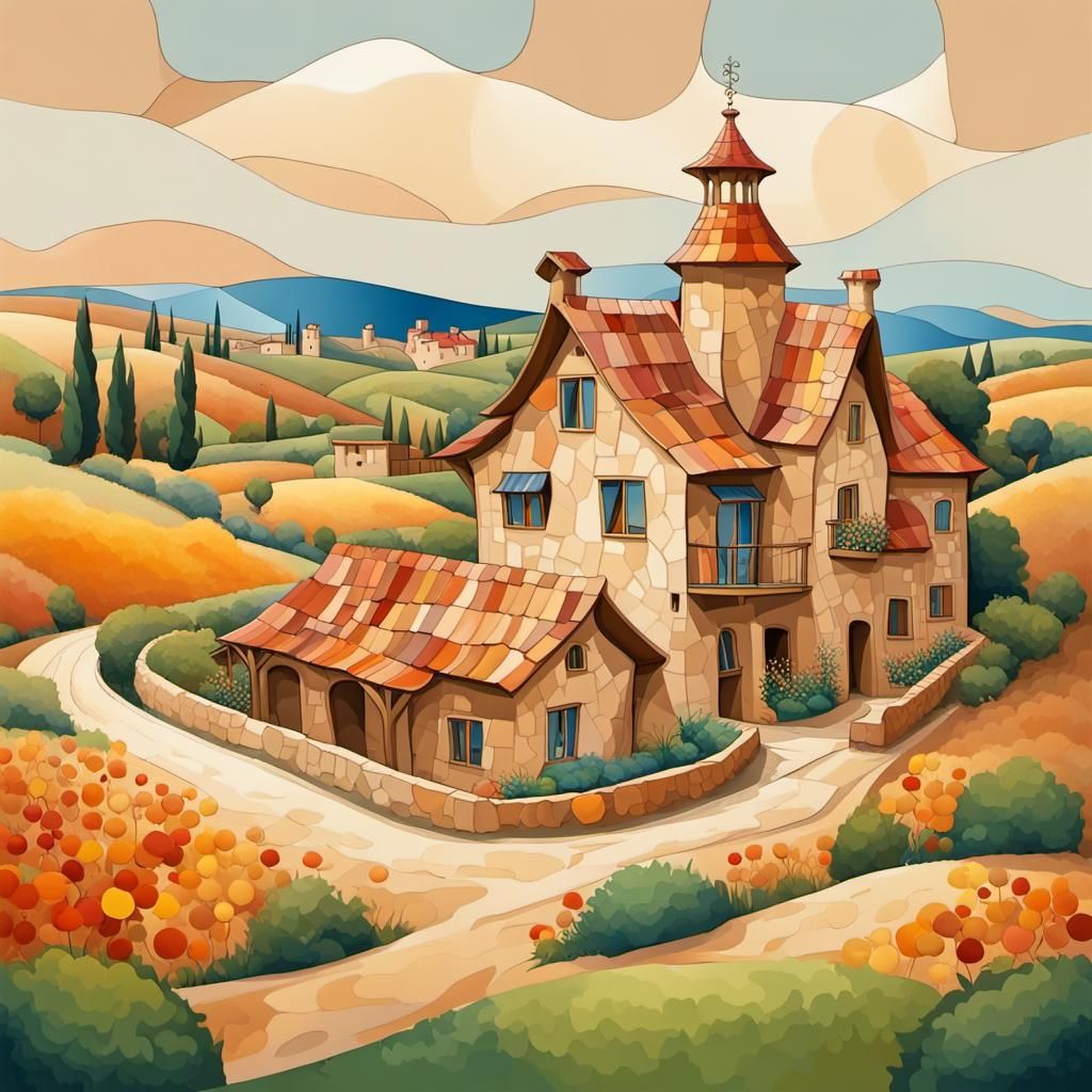 Rural landscape with farmhouse in the Style of Gaudi - AI Generated ...
