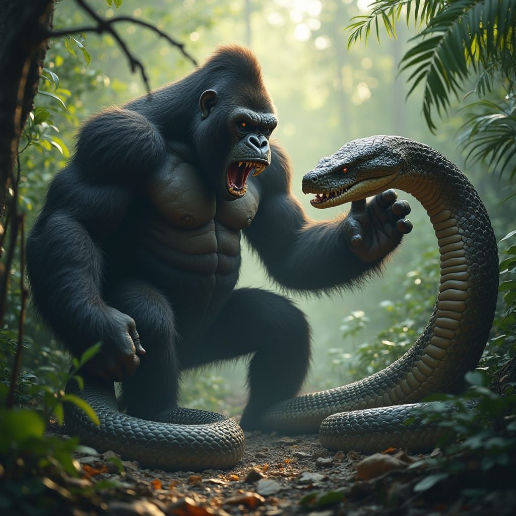 King kong battling giant constrictor snake in the jungle