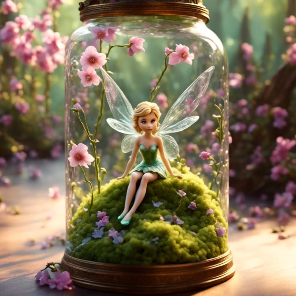 Tinkerbell looking at Peter Pan who is inside a glass bottle - AI ...
