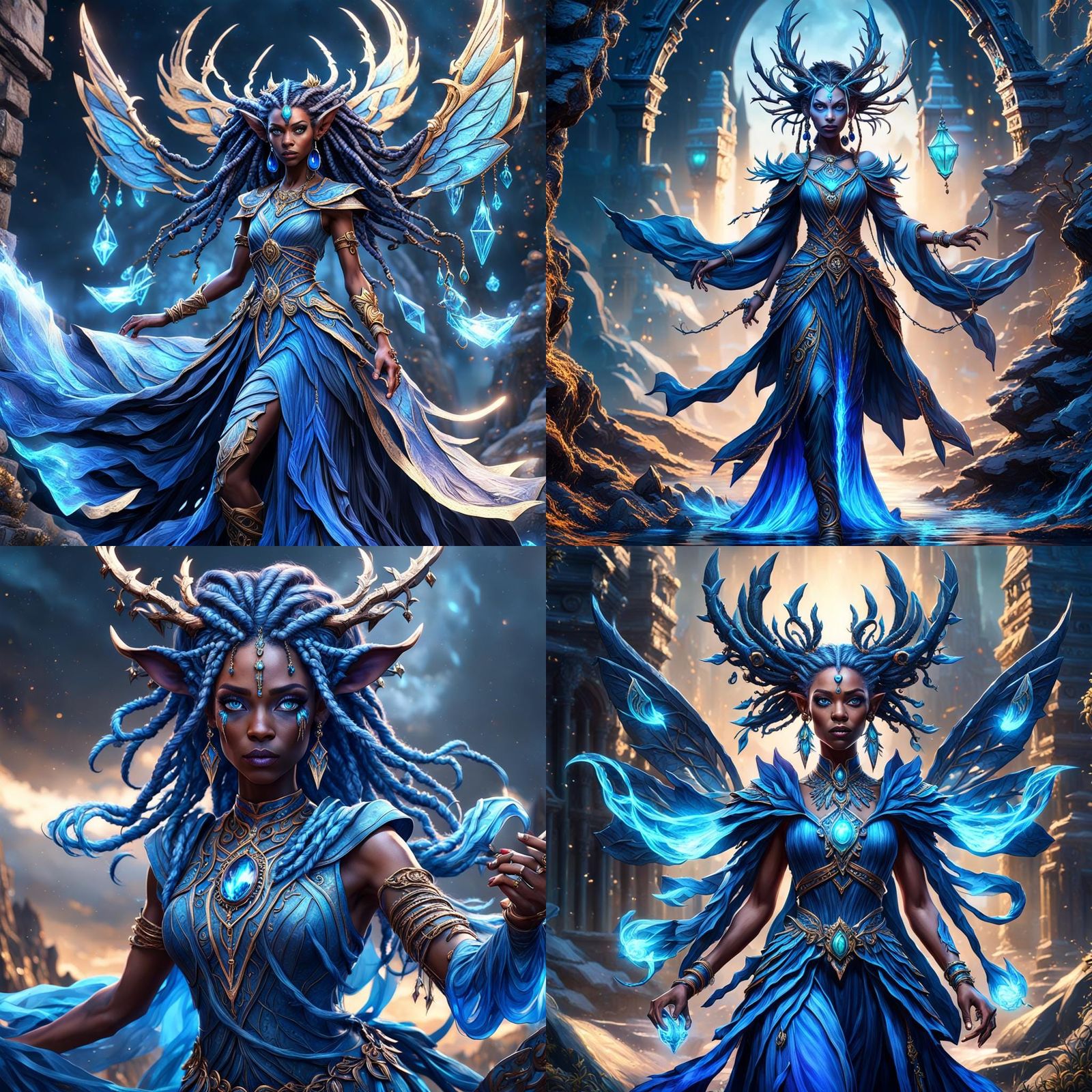 wide angle, full view of a Fae with pointy ears, embellished jewelry ...