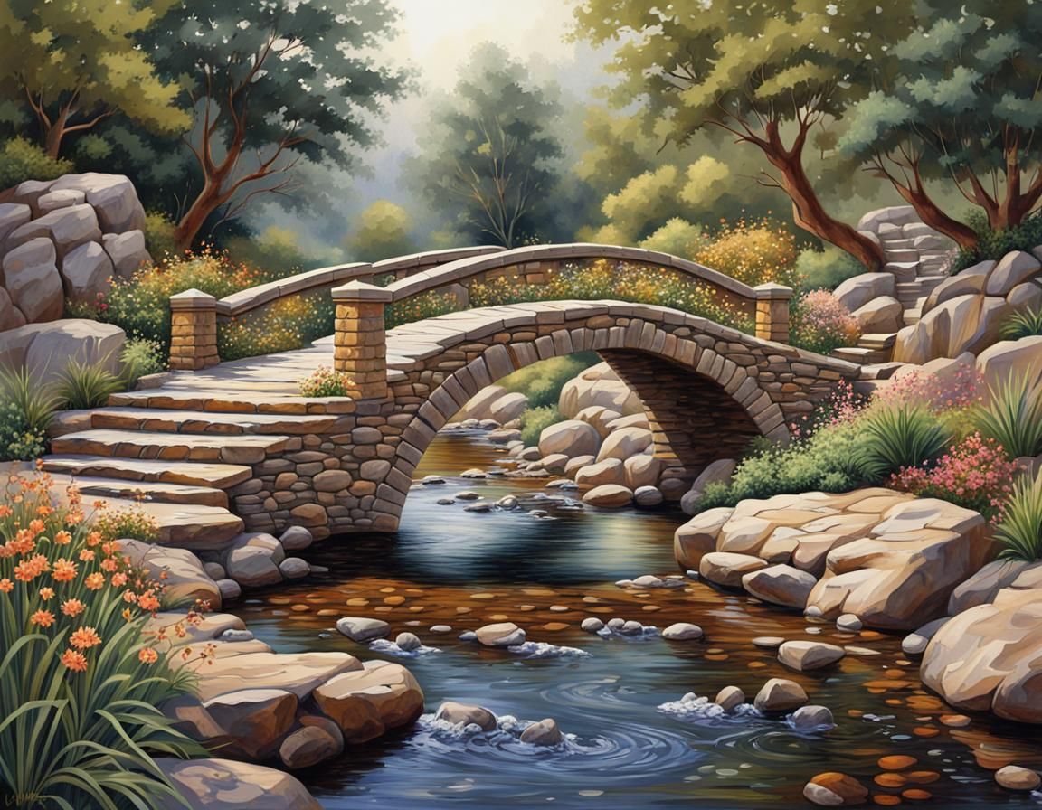 Stone Bridge - Picturesque Stone Bridge Landscape with Water...