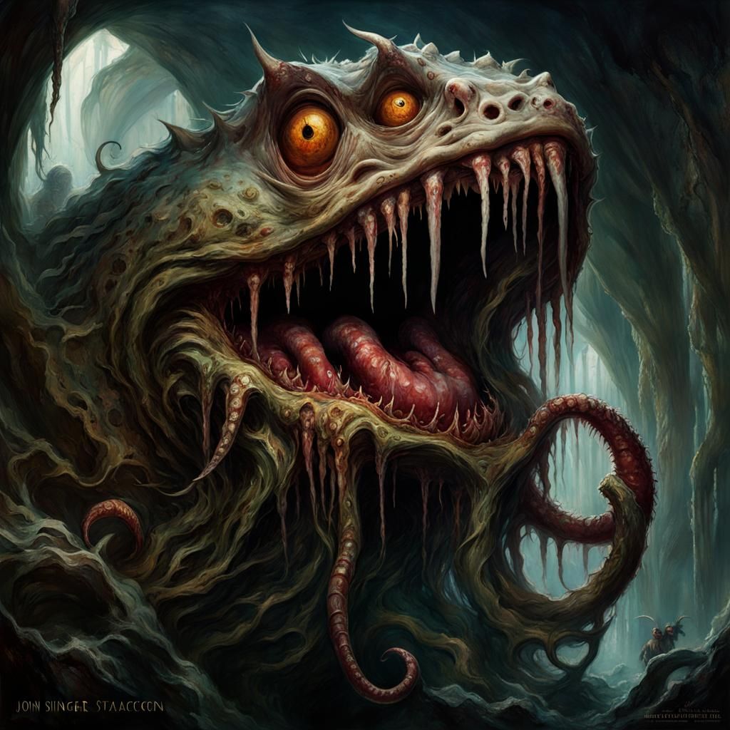 Sinister Lovecraftian Horror, worm like monster, mottled, moist, white ...