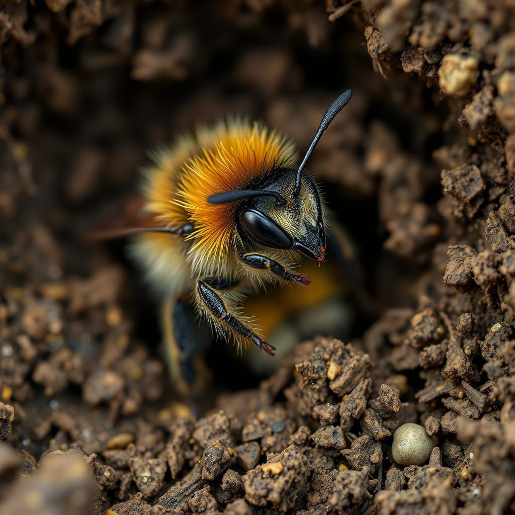 Small mining bee emerging from it's underground nest.
