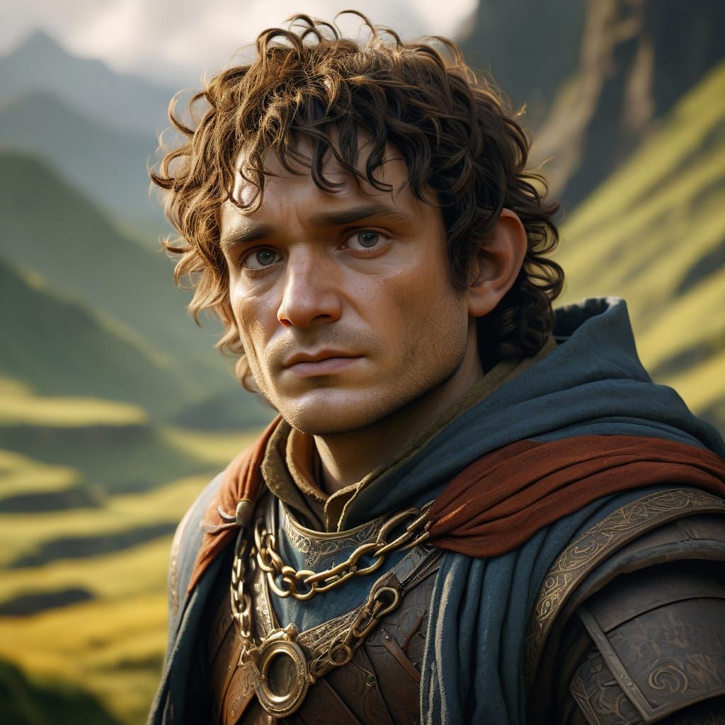 Heroic Portrait of Frodo Baggins in Earth-Toned Ar... - AI Art