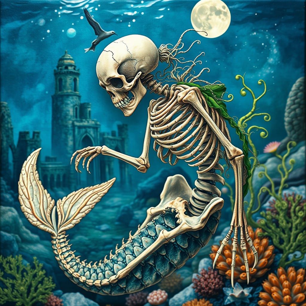 An ancient mermaid skeleton with coral and seaweed growing from it, the ...