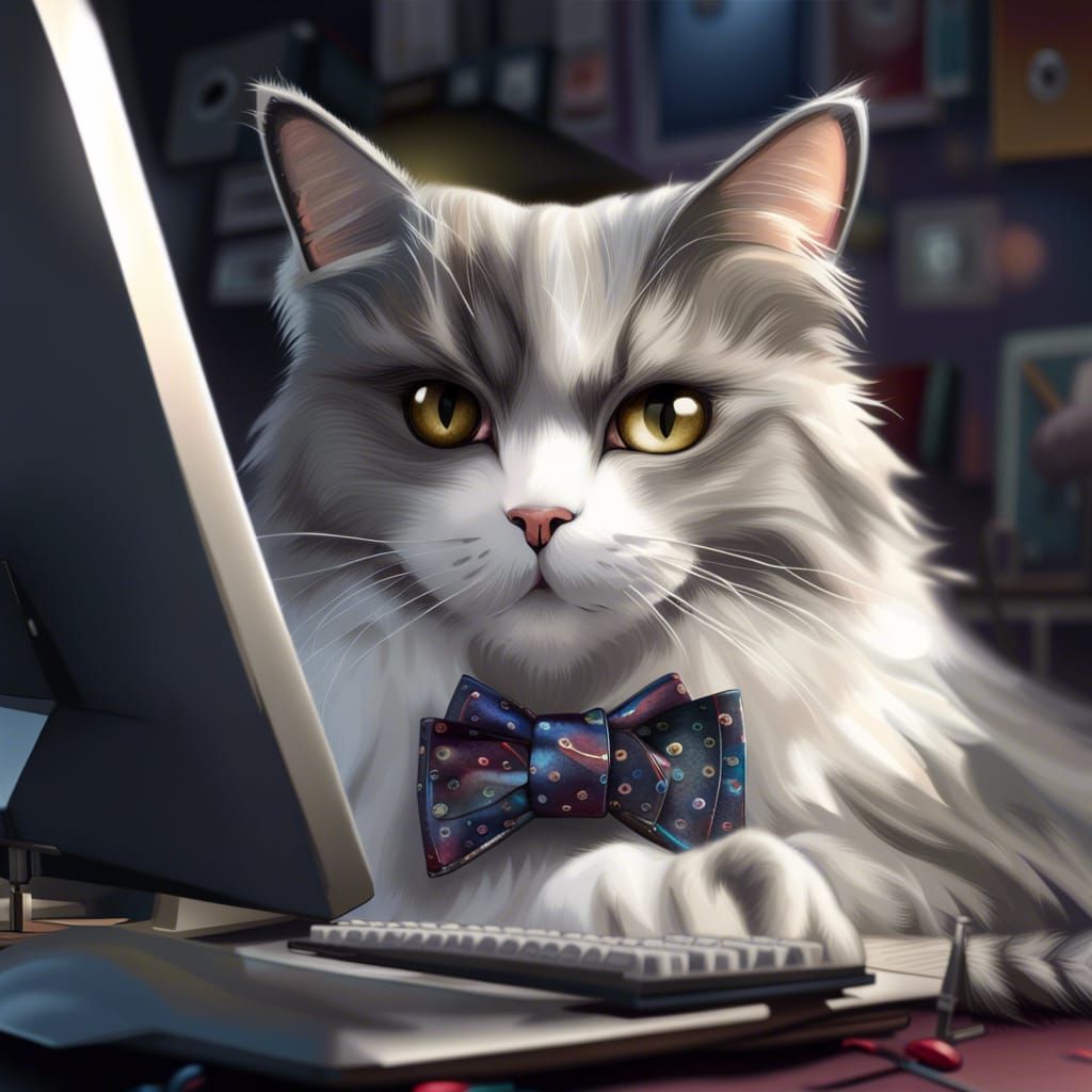 A fluffy grey and white cat playing computer games on a computer while ...