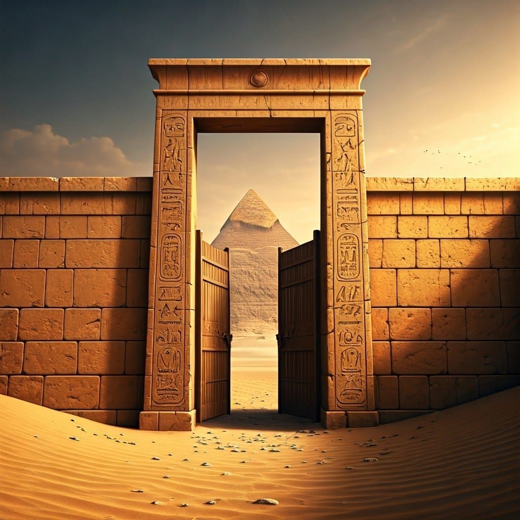 Ancient Egyptian Gate Amidst Majestic Pyramids - AI Art