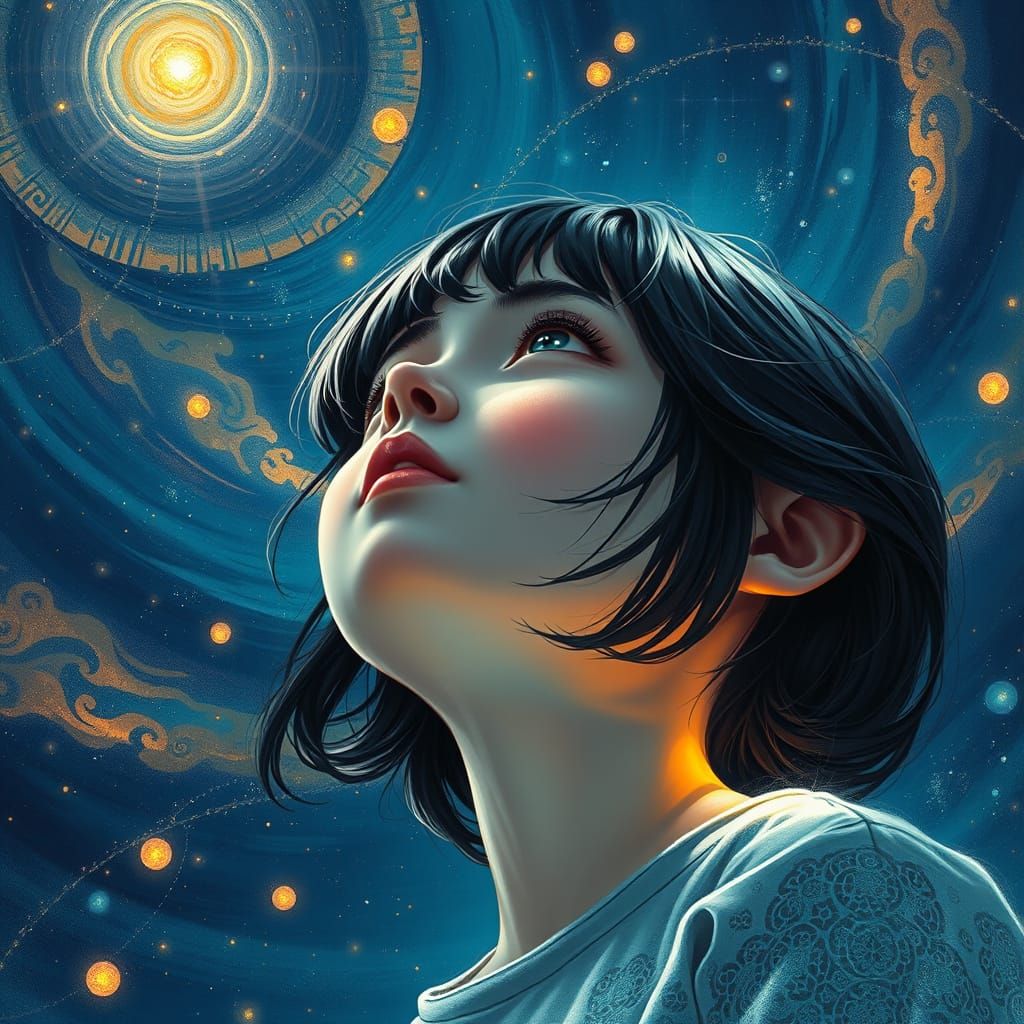 Ethereal Starlight Enchantress Gazing Upward - AI Art