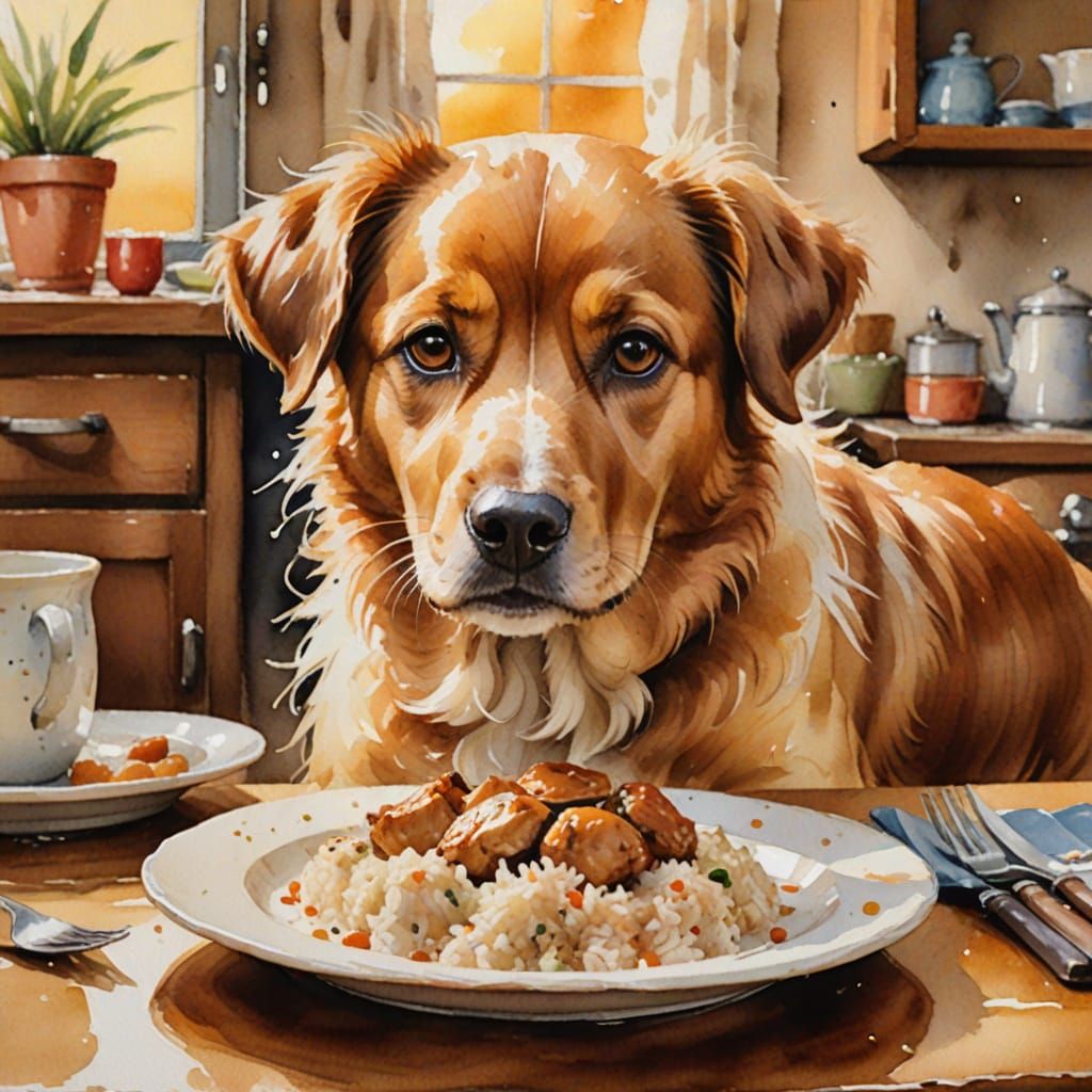 Dog eating chicken and rice - Watercolor Whimsy: Dog Savori...