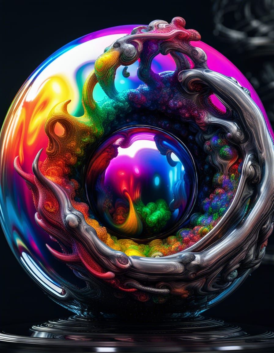 an orb containing a whirlwind of multi colored liquid molten chrome ...