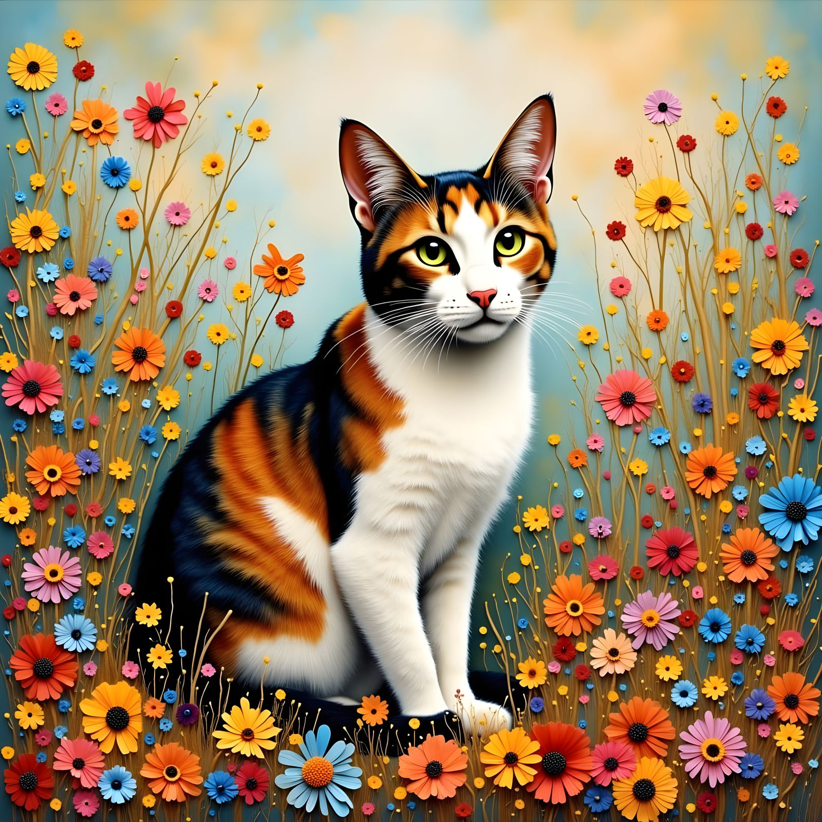 Calico Cat in Wildflowers - Vibrant Calico Cat in a Whimsic...