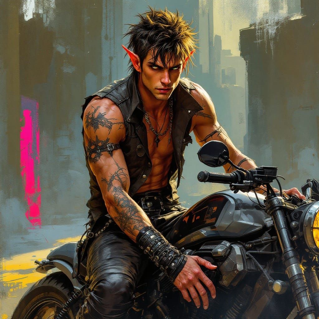 Elf Punk Biker 250525 - Punk Elf Biker in Futuristic Style