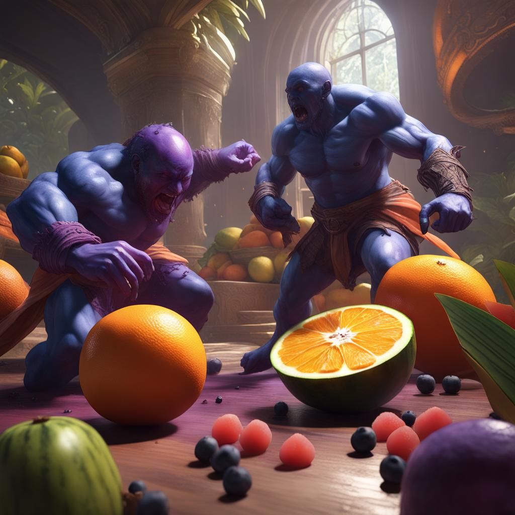 A blueberry fighting alongside an orange, defending a banana and a ...