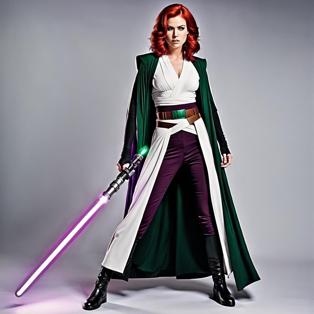 Female jedi, red hair, purple lightsaber, black robes white open midriff. dark-green pants - AI ...
