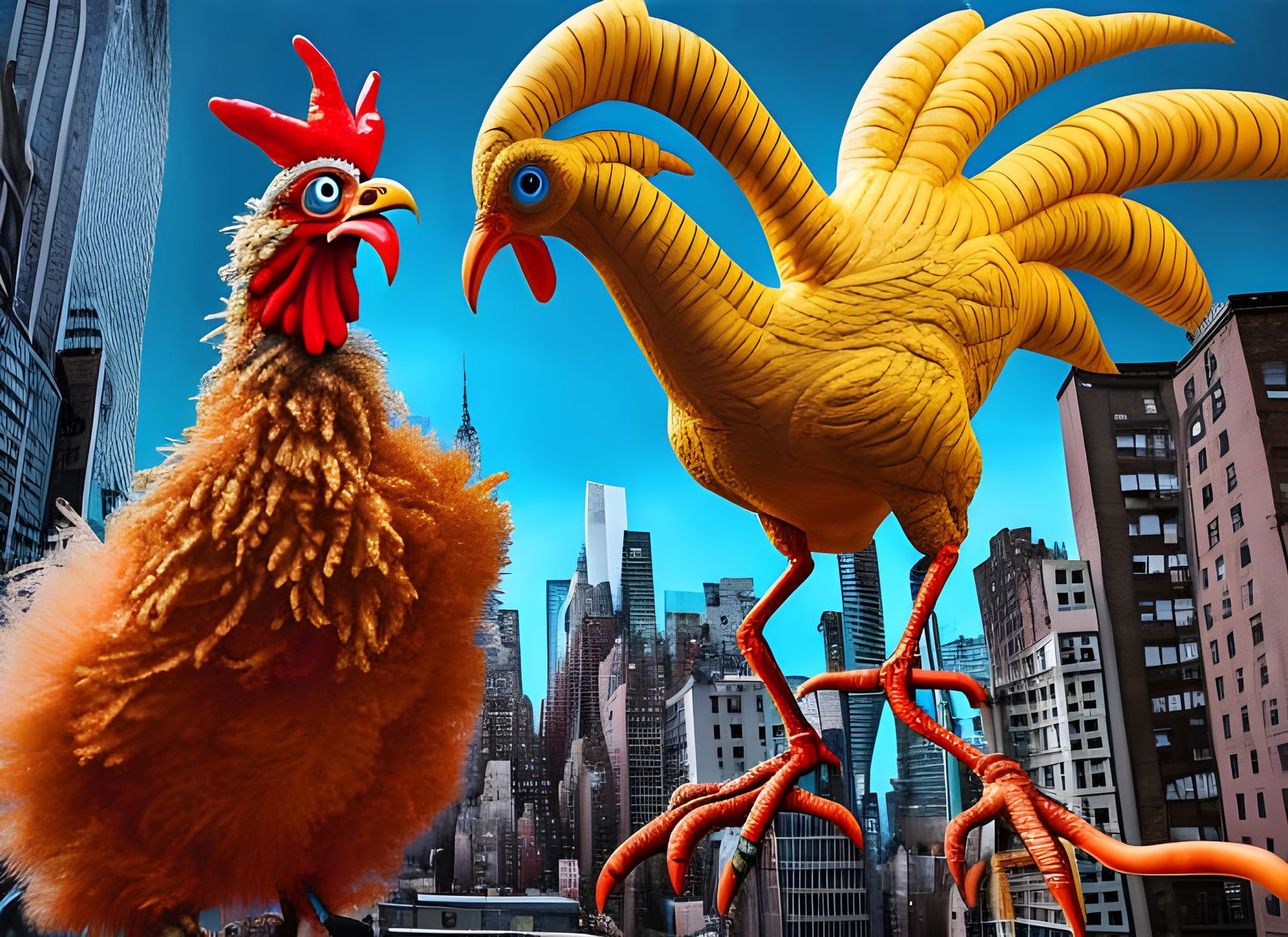 Giant prehistoric chicken attacks a modern New York city hyperdetailed ...