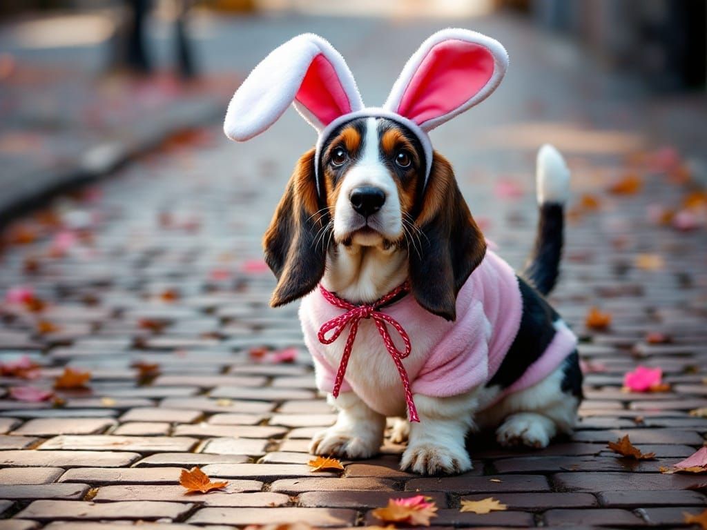 Basset Hound in Easter Bunny Costume on Cobbleston... - AI Art