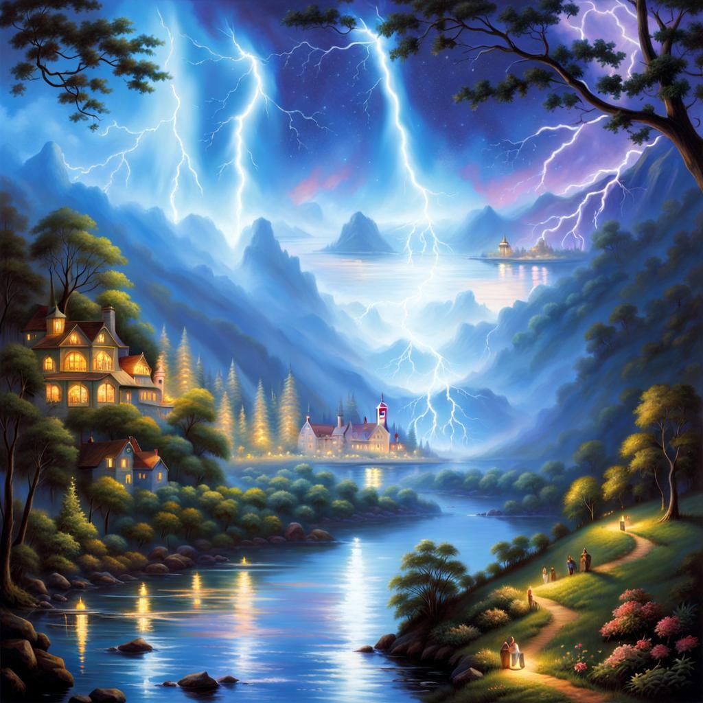lights: amazing: ultrarealistic: river: exotic: nebula: Thomas Kinkade ...