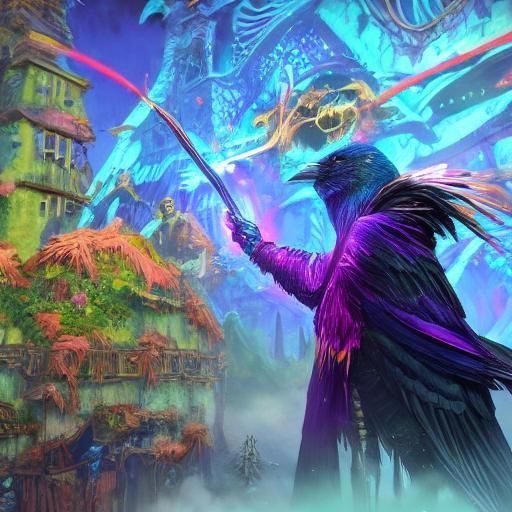 wizard hold a staff in one hand, a crow is perched in his other hand ...