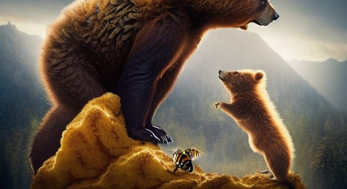 little bear cub standing over a broken beehive, with bees flying ...