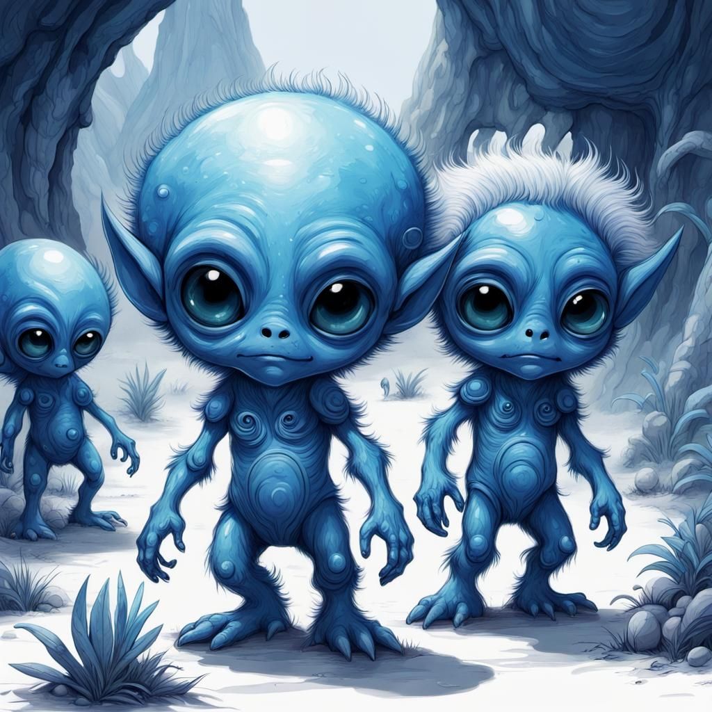 masterpiece, ink drawing, draw a blue alien world with cute fluffy blue ...