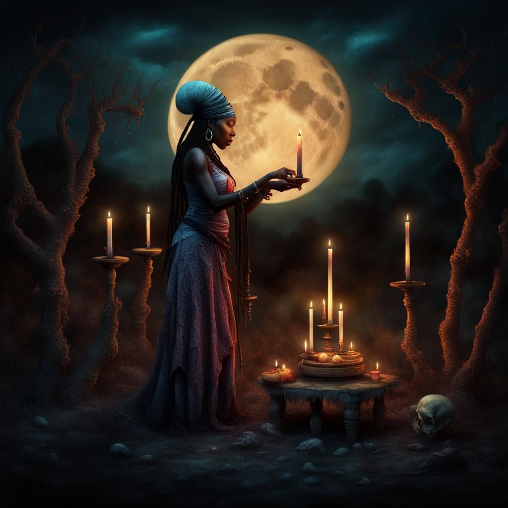a Haitian Voodoo Sorceress doing a ritual in the moonlight - AI ...