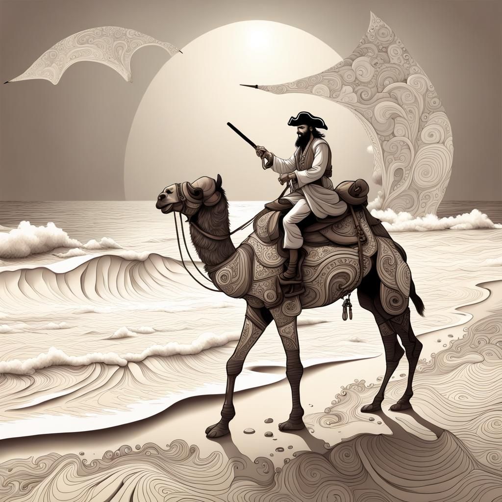 Pirate Camel Beach Scene in Abstract Style - AI Art