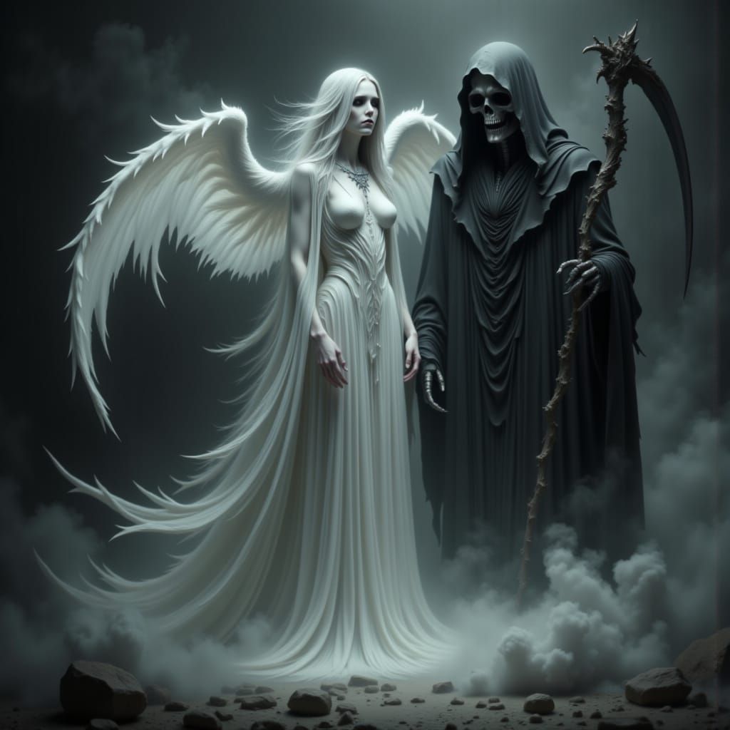 Angelic Reaper Confrontation in a Haunting Mystica... - AI Art