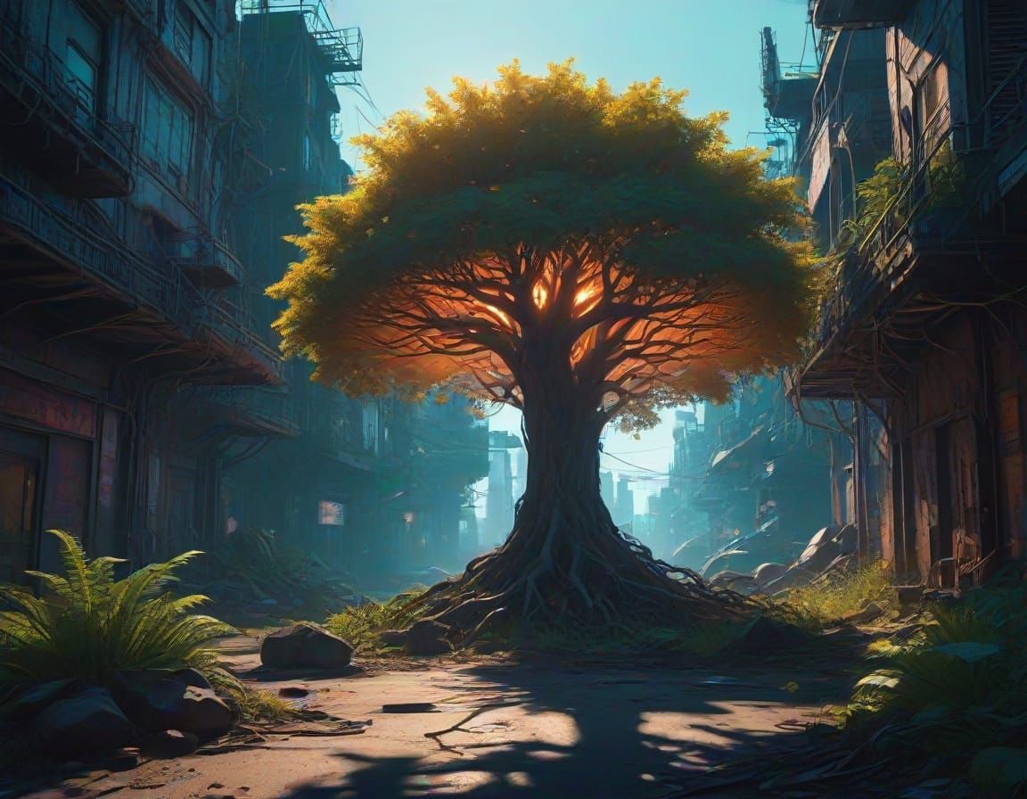 Regrowth - Surreal City Rebirth in Vibrant Cyberpunk Style